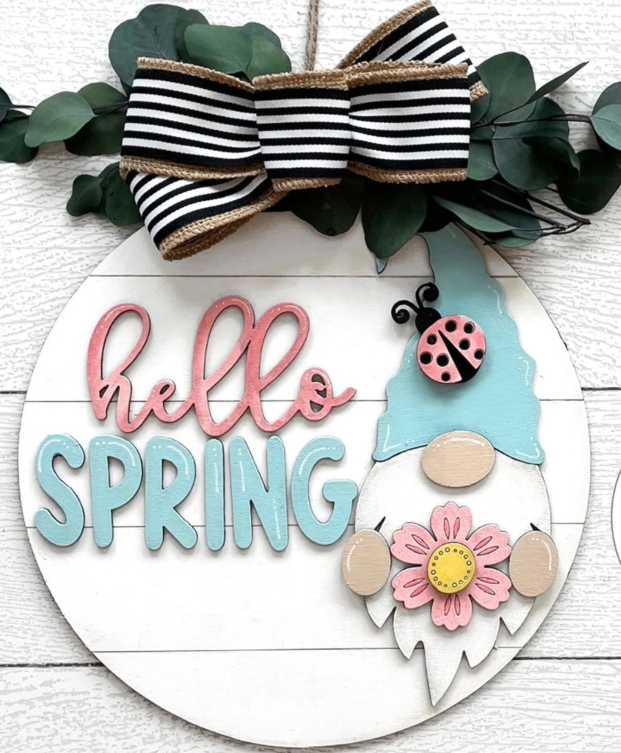 Wood DIY 3 D Hello Spring Gnome with Ladybug Door Hanger: – Clayopatra Arts